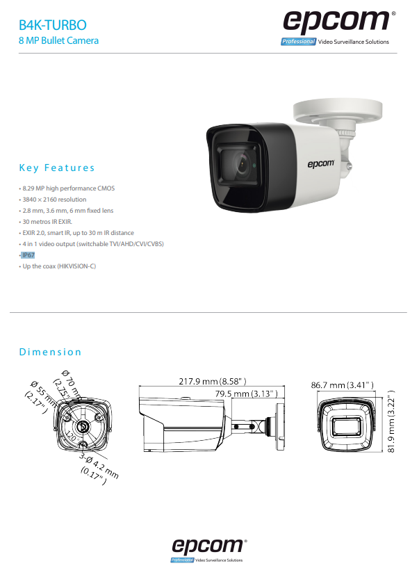 4K Bullet Camera B4K-TURBO HD / IR EXIR up to 30 mts / 2.8 mm Lens / I ...